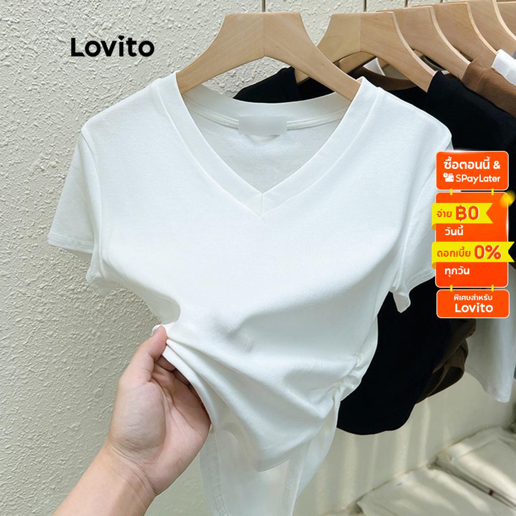 Lovito เสื้อยืดลำลอง สีพื้น แต่งจีบร่น คอวี สำหรับสตรี LNE07170 (สีขาว) - LOVITO OFFICIAL STORE ...