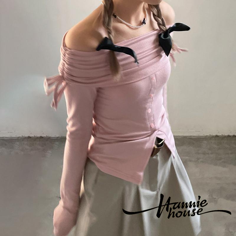 Hannie- เสื้อแขนยาว เปิดไหล่ ผ้าถัก สีพื้น สําหรับผู้หญิง ...