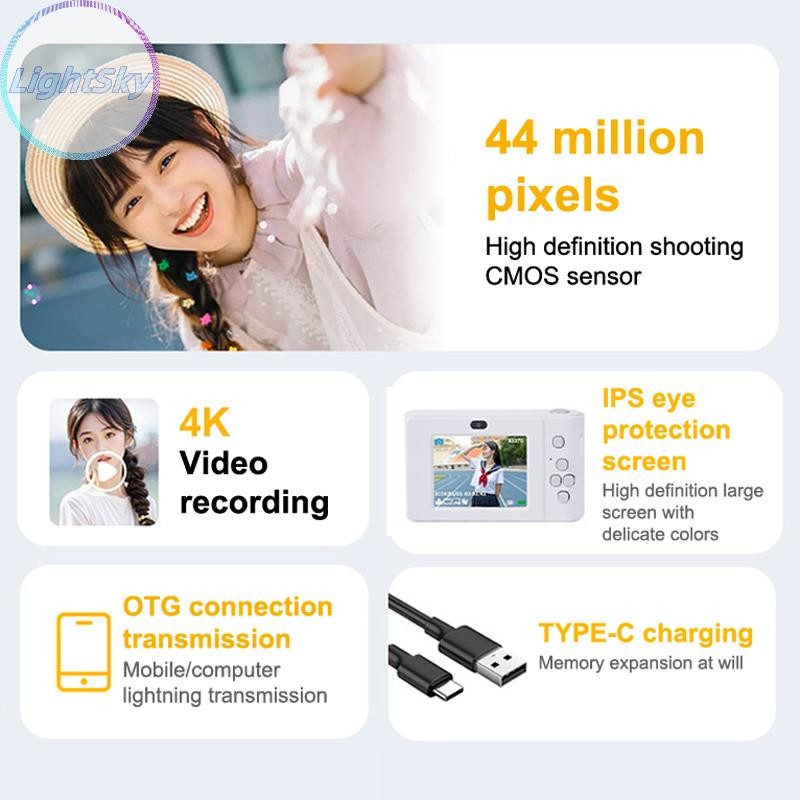 Lightsky 44MP Mini CCD กล้องดิจิตอลพร้อมการ์ดหน่วยความจํา 4K เลนส์คู่ 8X ซูมการเดินทางกล้อง ...