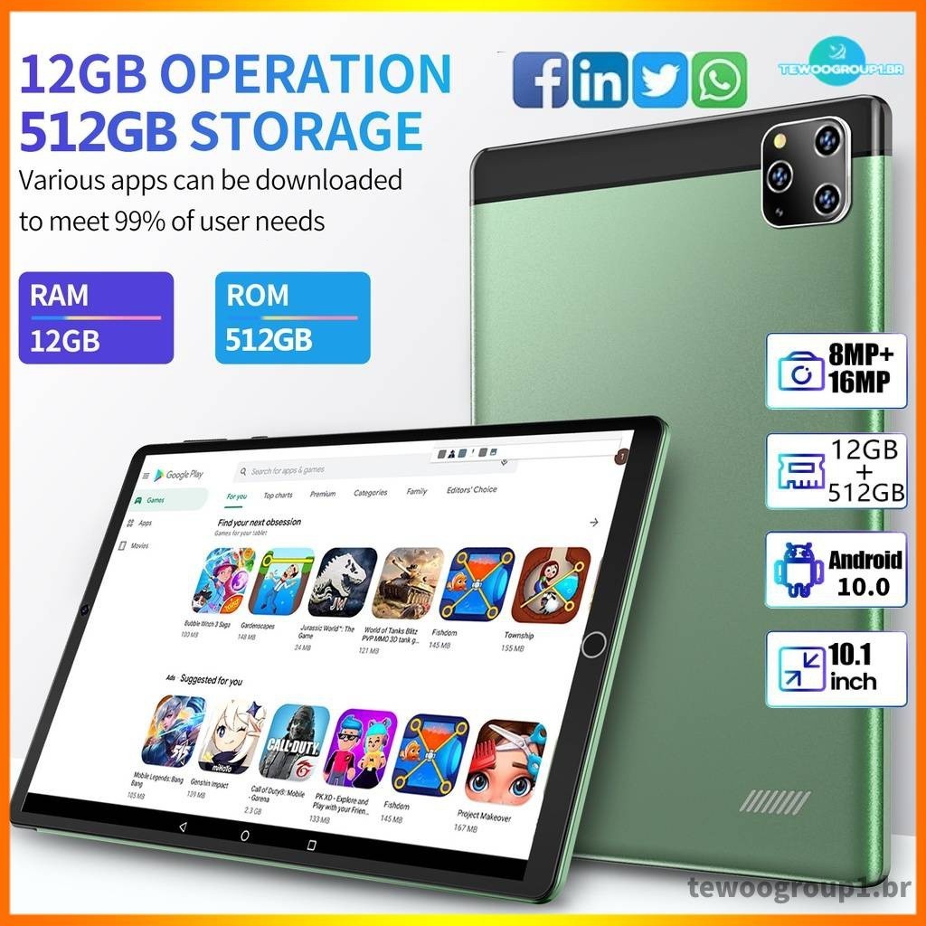 แท็บเล็ตอัพเกรด 12G+512GB Android 10.0 10.1 นิ้ว บลูทูธ PC Octa 10 Core ...