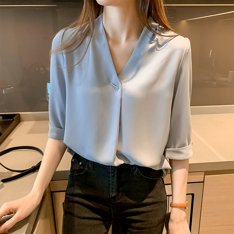 Shirt Slimming Loose Spring and SummerVCollar Top Versatile Bottoming ...