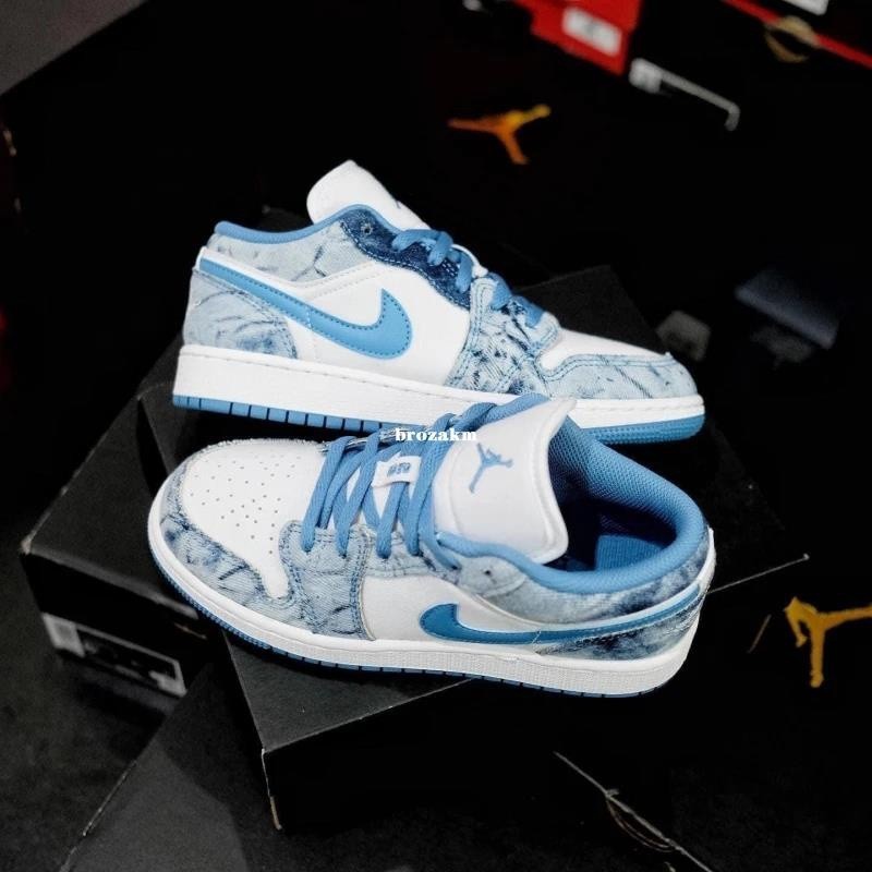 Nike AIR JORDAN 1 Denim Washed Denim Blue White AJ1 Big Kids Shoes ...