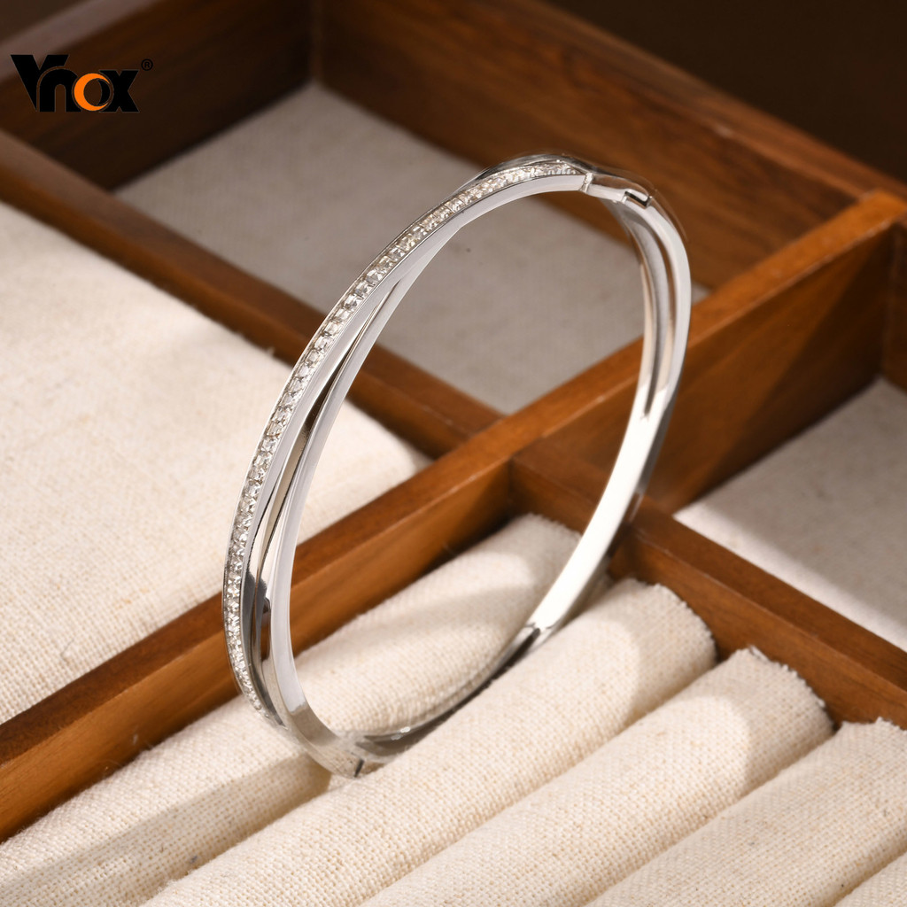 Vnox Zircon Cubic เปิดสร้อยข้อมือกําไลข้อมือผู้หญิง,เงิน Double-Layer ...