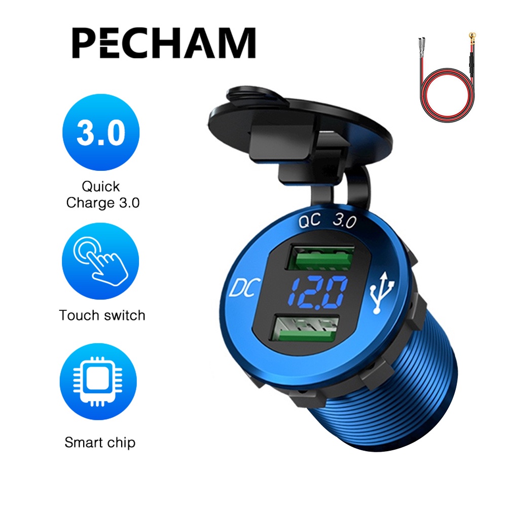 PECHAM Qc 3.0 dual USB ที่ชาร์จในรถยนต์ สําหรับรถยนต์และรถจักรยานยนต์ ซ็อกเก็ตอลูมิเนียม พร้อมจอ ...