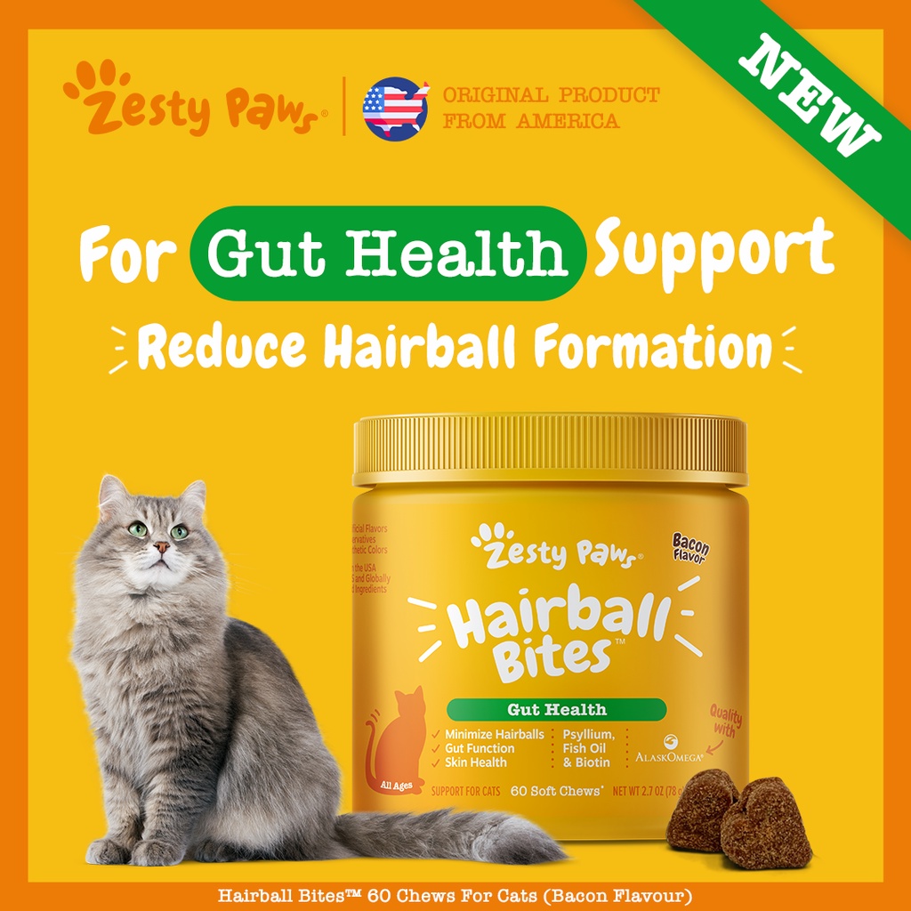 Zesty Paws Hairball Bites for Cats Gut Health รสเบคอน (แบบนุ่ม 60 เม็ด ...
