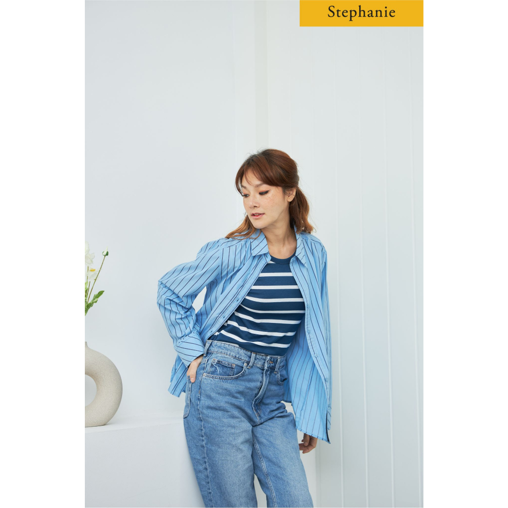 Stephanie Shirt เสื้อเชิ้ตแขนยาวสีฟ้าลายทางสีดำ(OWS08BU) - guylaroche ...