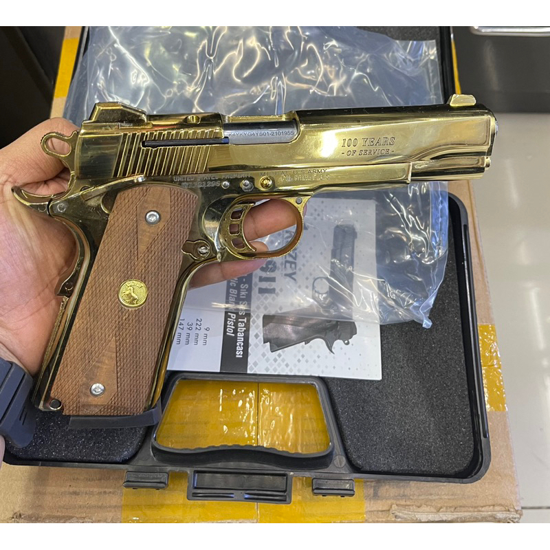 Blank Kuzey M1911 5นิ้ว 9mm P.A.K. สีทองประกับไม้แท้ เหมาะสำหรับถ่ายทำ ...