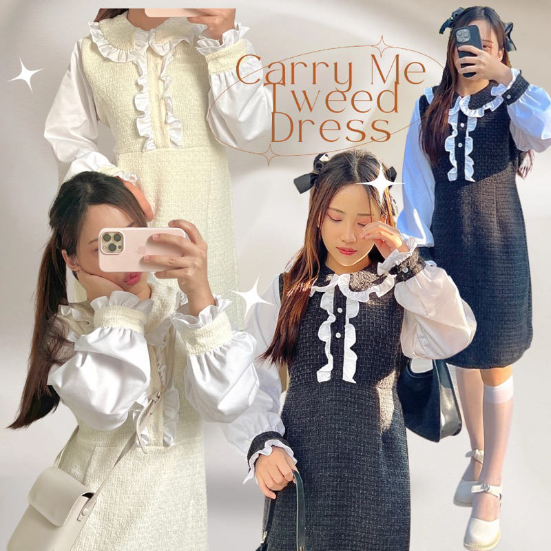 carryme-พร้อมส่ง ️3 สี เดรสผ้าทวิตสุดคิ้วเดรสฟรุ้งฟริ้งเดรสคอบัวมีสาย ...