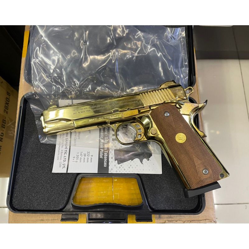 Blank Kuzey M1911 5นิ้ว 9mm P.A.K. สีทองประกับไม้แท้ เหมาะสำหรับถ่ายทำ ...