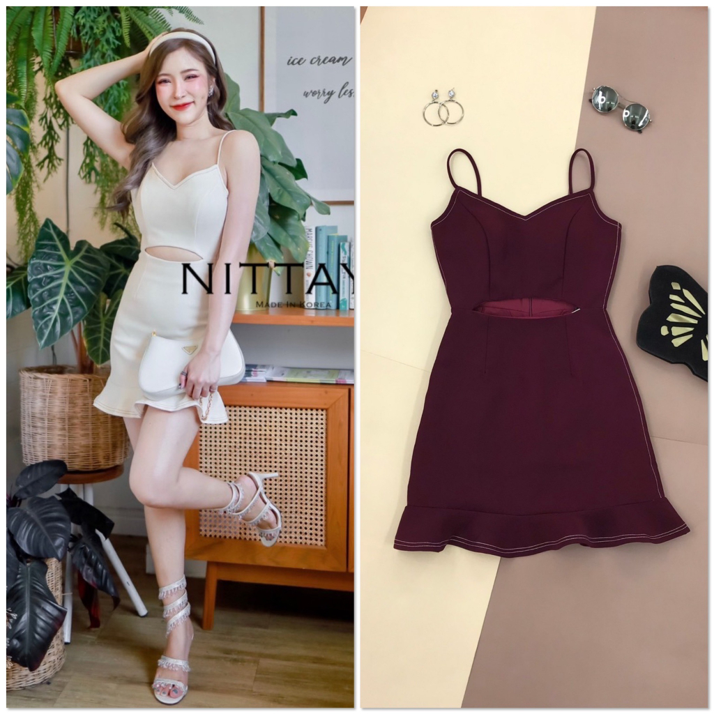งานป้าย NITTAYA การันตีเสื้อผ้าคุณภาพ เดรสสายเดี่ยวเปิดพุงเเต่งระบายชายกระโปรง มี 2 สีน๊า ครีม ...