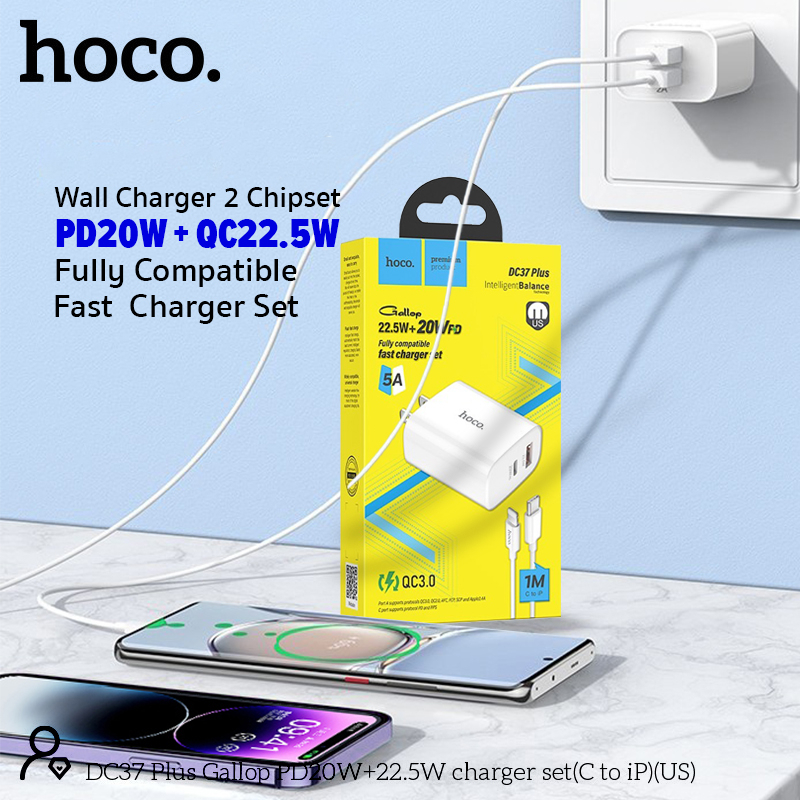Hoco DC37 Plus ชุดชาร์จเร็วสำหรับไอโฟน 2 ช่อง (PD20W 22.5W ชิพแยกแบบ ...