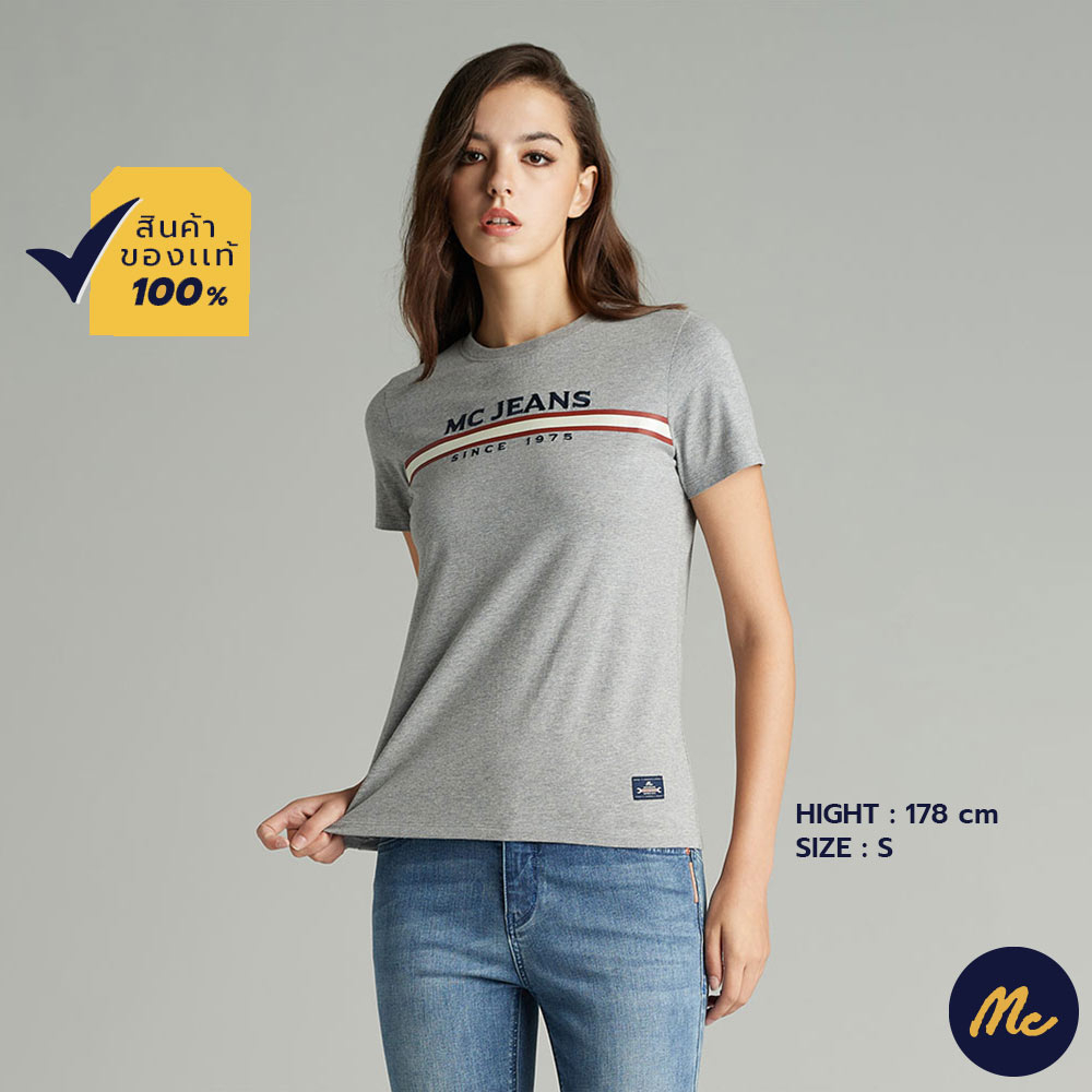 Mc JEANS เสื้อยืดแขนสั้น ผู้หญิง เสื้อยืด แม็ค แท้ คอกลม สีเทา ผ้านุ่ม ระบายอากาศได้ดี MTSZ882 ...