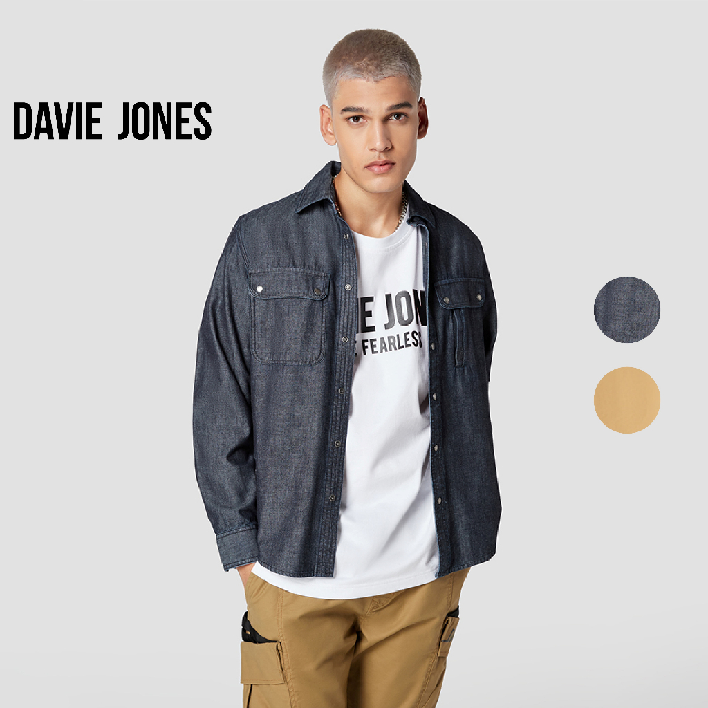 DAVIE JONES เสื้อเชิ้ตยีนส์ ผู้ชาย แขนยาว สีกรม Long Sleeve Shirt in ...