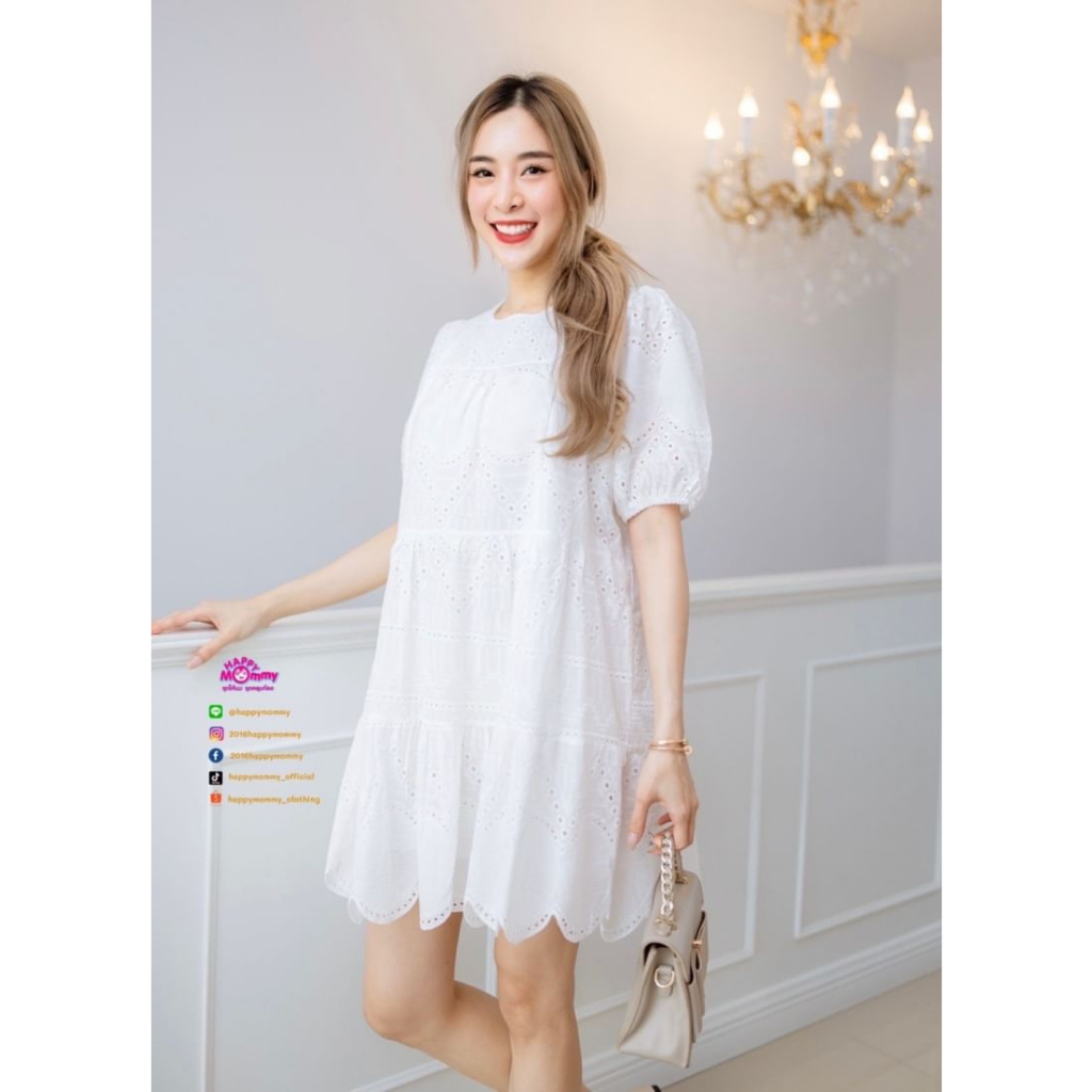 HappyMommy เดรสให้นม ( คลุมท้อง ) ผ้าคอตต้อนปักฉลุ เนื้อผ้าพรีเมี่ยม ดีไซน์น่ารัก White Daisy ...