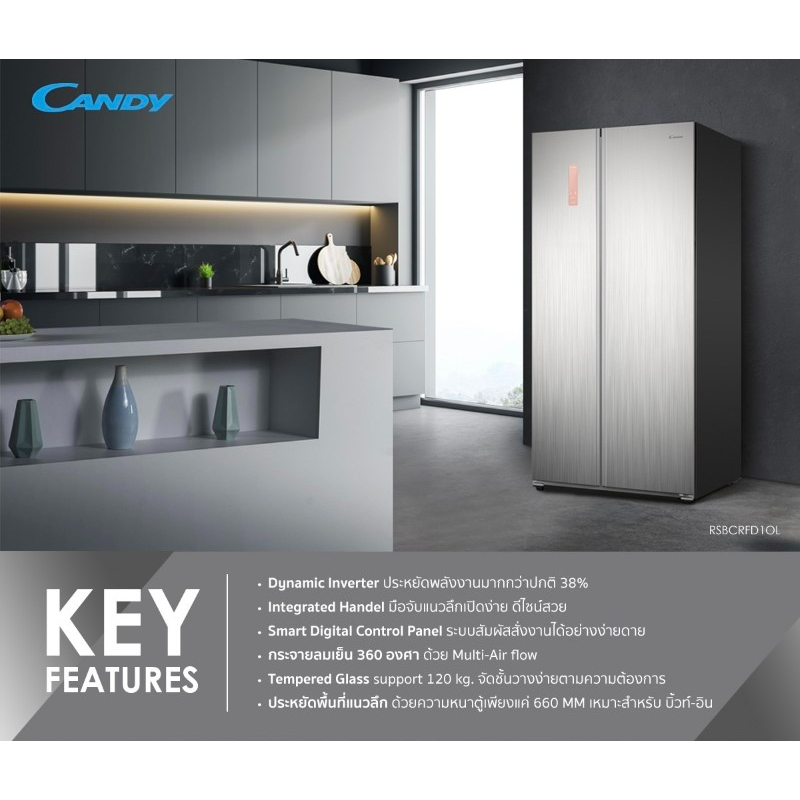 ลด 450.- CANDYFB04 CANDY ตู้เย็นไซด์บายไซด์ ความจุ 18.5 คิว อินเวอร์เต ...