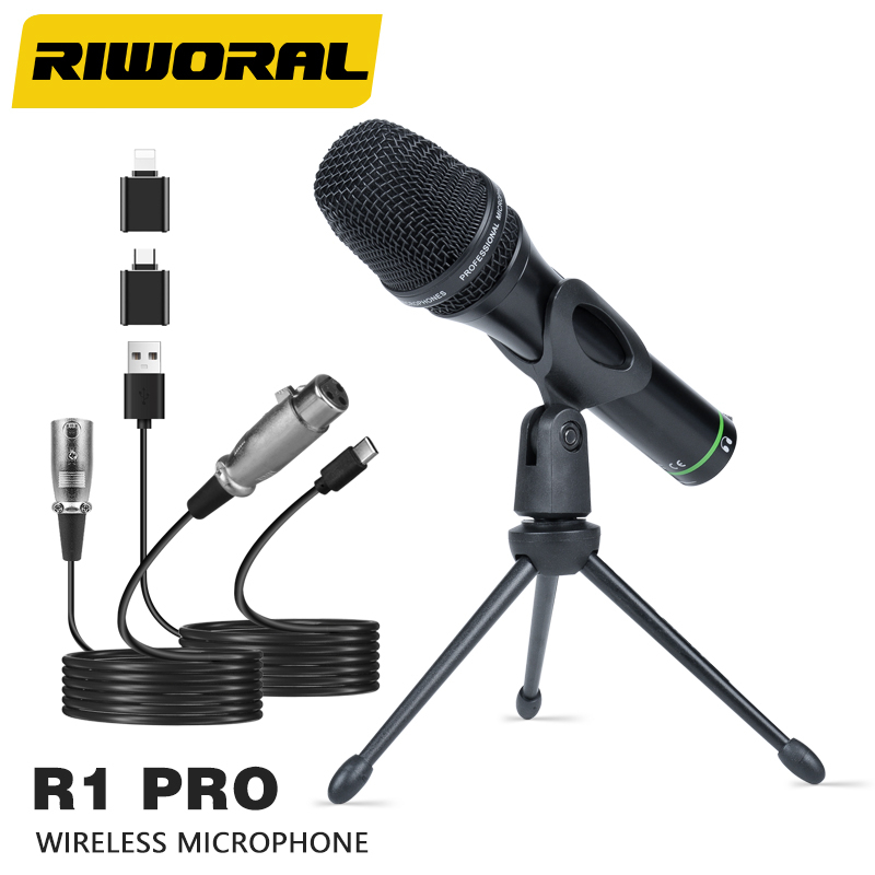 RIWORAL R1 PRO ไมโครโฟนแบบมีสาย โลหะ ไมค์ร้องเพลง การบันทึก ไมค์ตั้ง ...