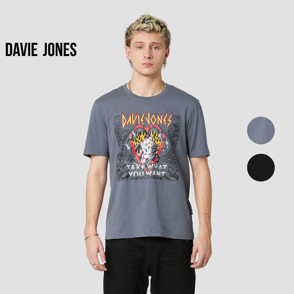 DAVIE JONES เสื้อยืดพิมพ์ลาย ทรง Regular Fit สีเทา สีดำ Graphic print T ...
