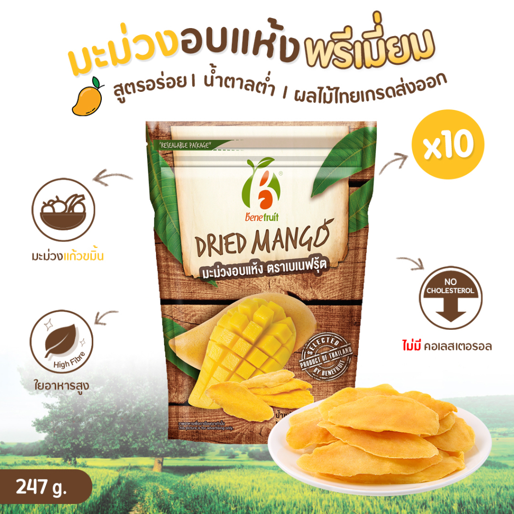แพ็ค10 Benefruit มะม่วงอบแห้ง ชิ้นใหญ่ ผลไม้อบแห้งเกรดส่งออก สูตรอร่อย น้ำตาลต่ำ ขนาด 247 กรัม