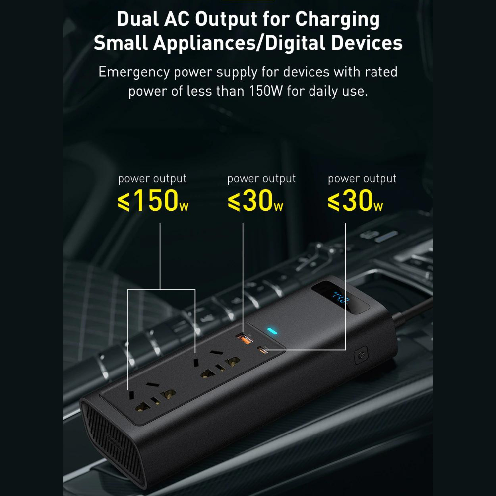 Baseus In-Car inverter 150W ปลั๊กพ่วงในรถยนต์ ปลั๊กไฟ Type C Fast ...