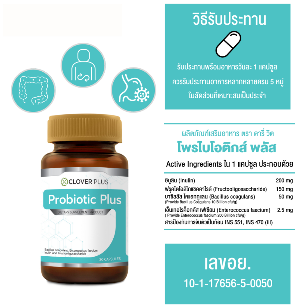 ใหม่ Clover Plus Probiotic Plus โพรไบโอติกส์ พลัส 1กระปุก (อาหารเสริม ...