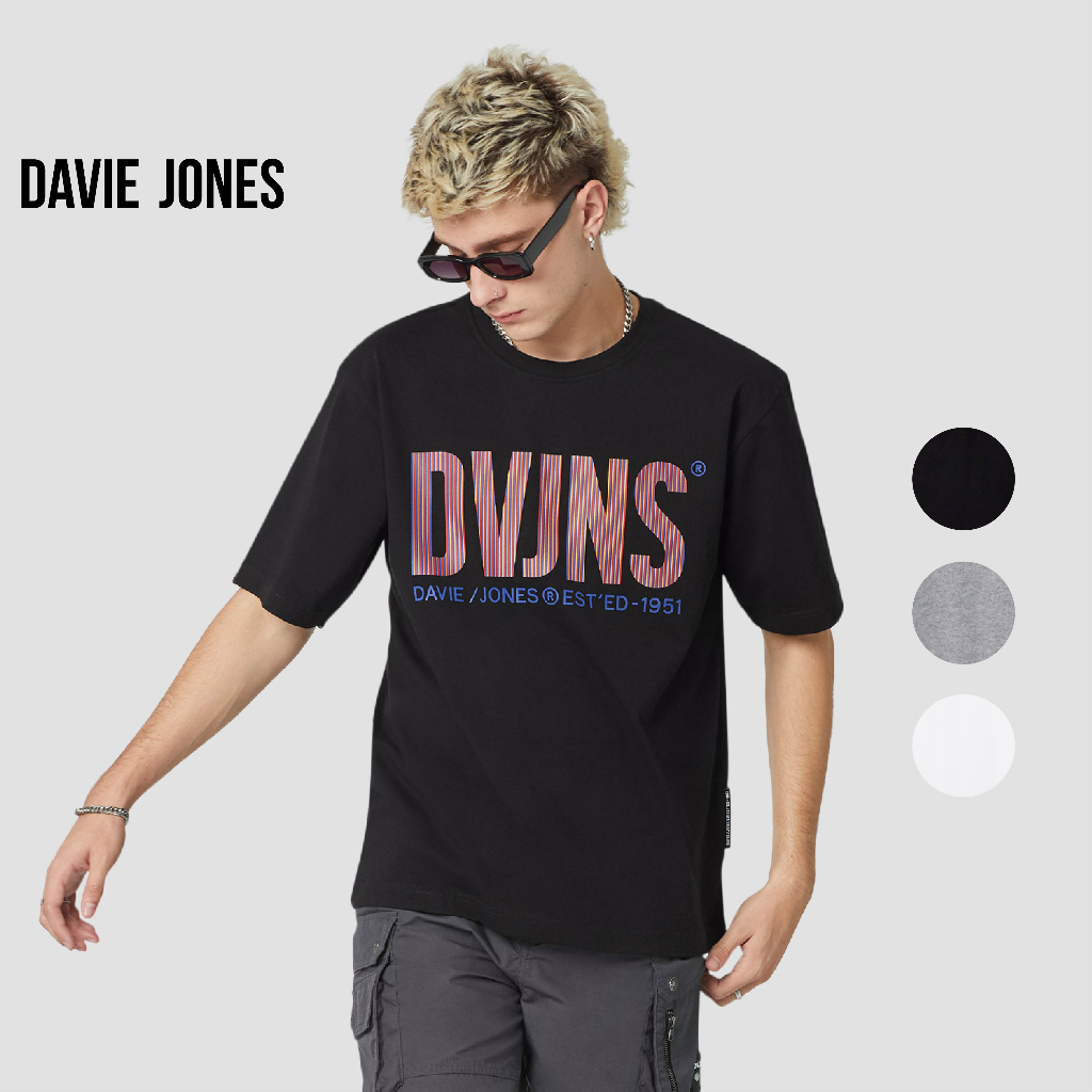 DAVIE JONES เสื้อยืดโอเวอร์ไซส์ พิมพ์ลาย สีเทา สีขาว สีดำ Logo Print ...