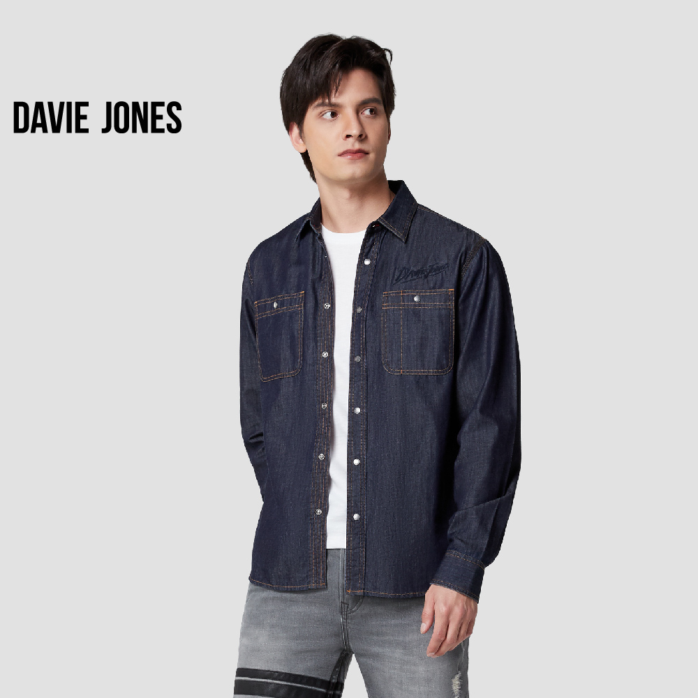 DAVIE JONES เสื้อเชิ้ตยีนส์ ผู้ชาย แขนยาว สีกรม Long Sleeve Shirt in ...