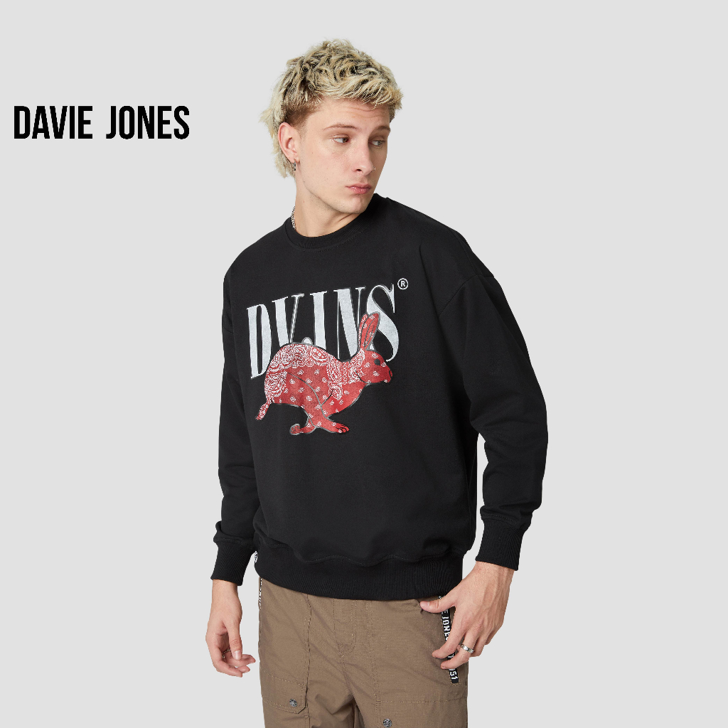 DAVIE JONES เสื้อสเวตเตอร์ โอเวอร์ไซส์ พิมพ์ลาย สีดำ Graphic Print ...
