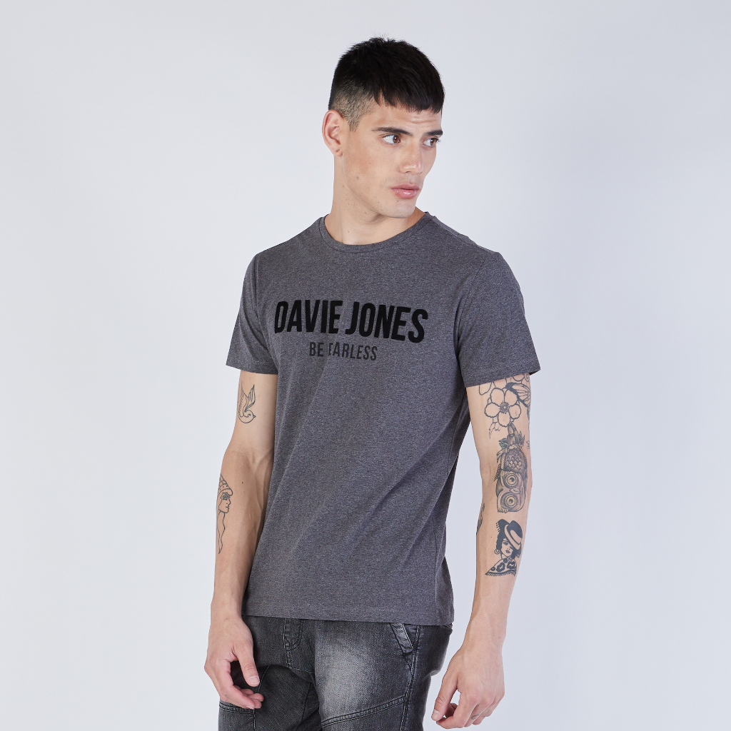 DAVIE JONES เสื้อยืดพิมพ์ลายโลโก้ สีเทา Logo Print T-Shirt in grey ...
