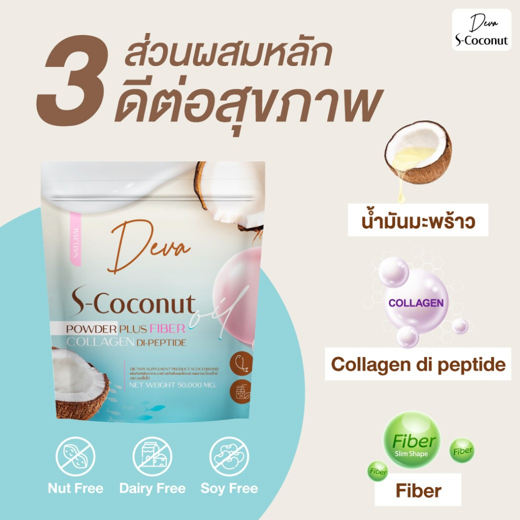 ของแท้Deva s-coconut น้ำมันมะพร้าวชนิดผง ผสมคอลลาเจนไดเปปไทด์และไฟเบอร์ 50 กรัม จำนวน 1 ซอง ...
