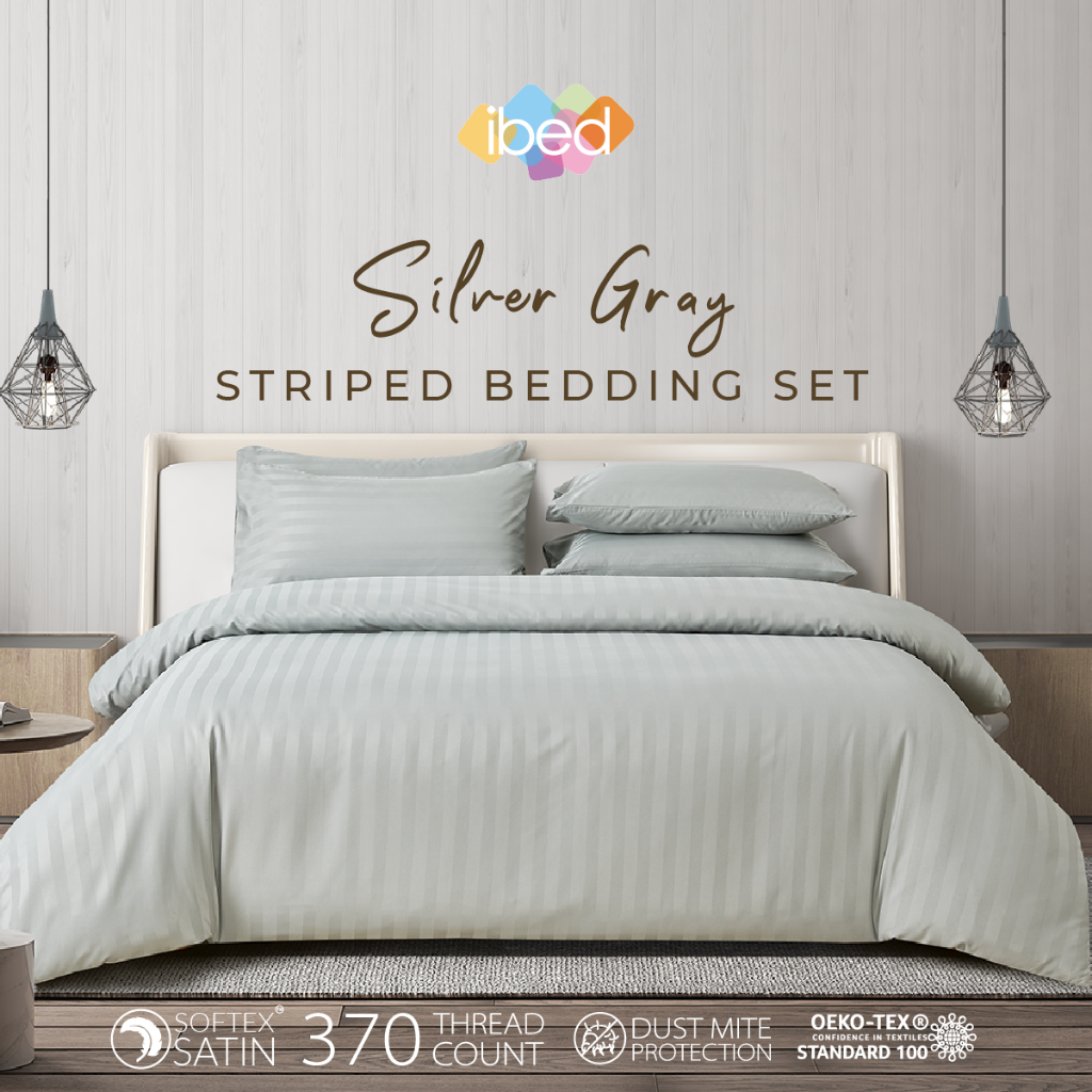 ibed ชุดผ้าปูที่นอน Softex Satin (ลายริ้ว) Midnight Gray 3.5 ฟุต5 ฟุต6 ...