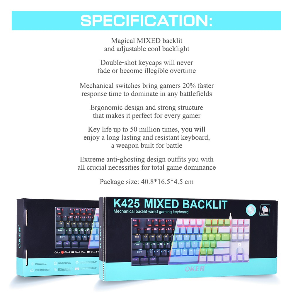 แท้100 OKER K425 GAMING KEYBOARD MIXED BACKLIT Blue switch คีย์บอร์ด ...