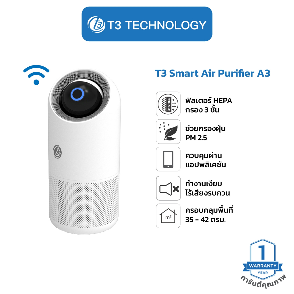 T3 Smart Air Purifier A3 เครื่องฟอกอากาศอัจฉริยะสำหรับห้องขนาดกลางฆ่าเชื้อ 99.97 ครอบคลุมห้อง ...