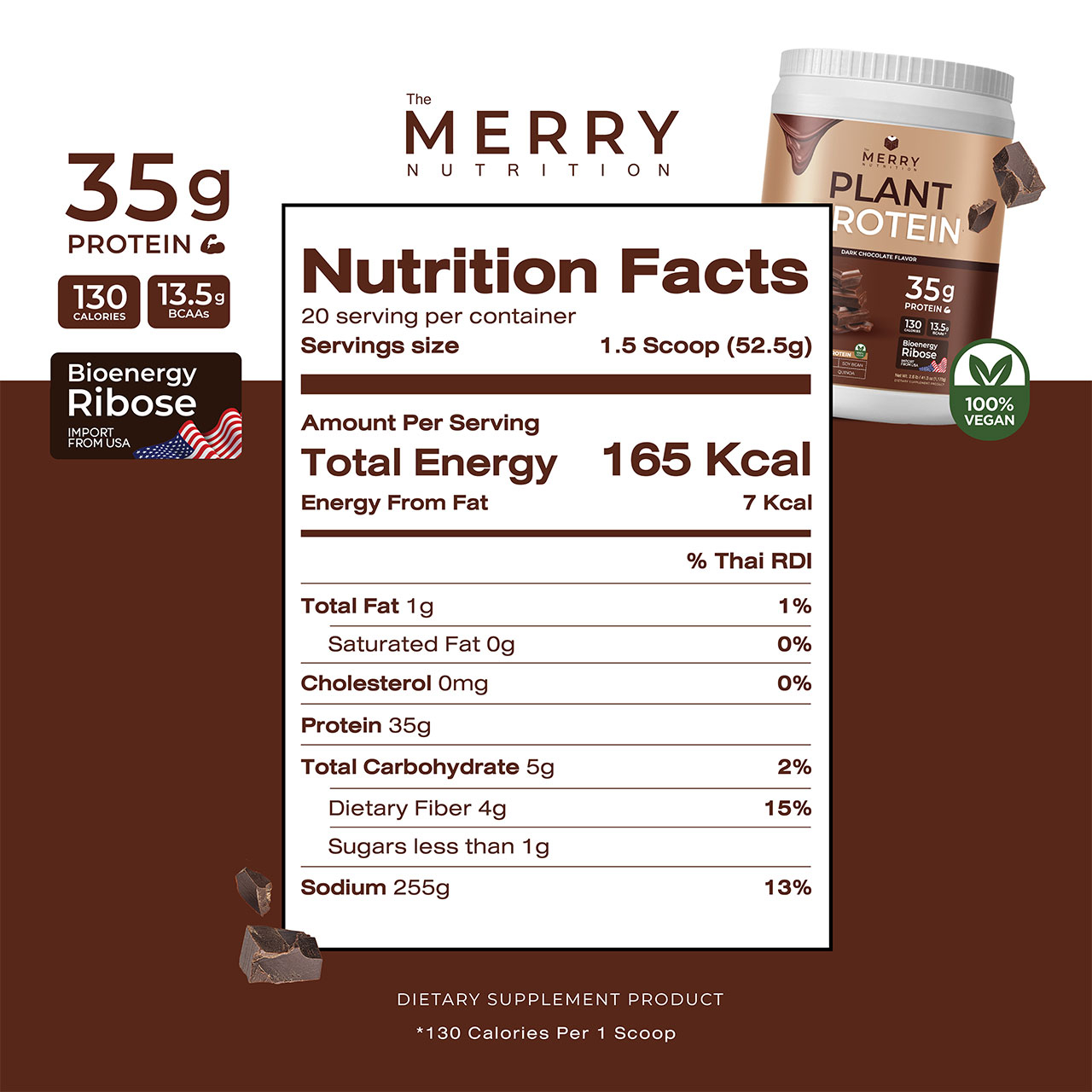 Merry Plant Protein โปรตีนพืช 5 ชนิด รส Dark Chocolate Flavor 1 กระปุก ...