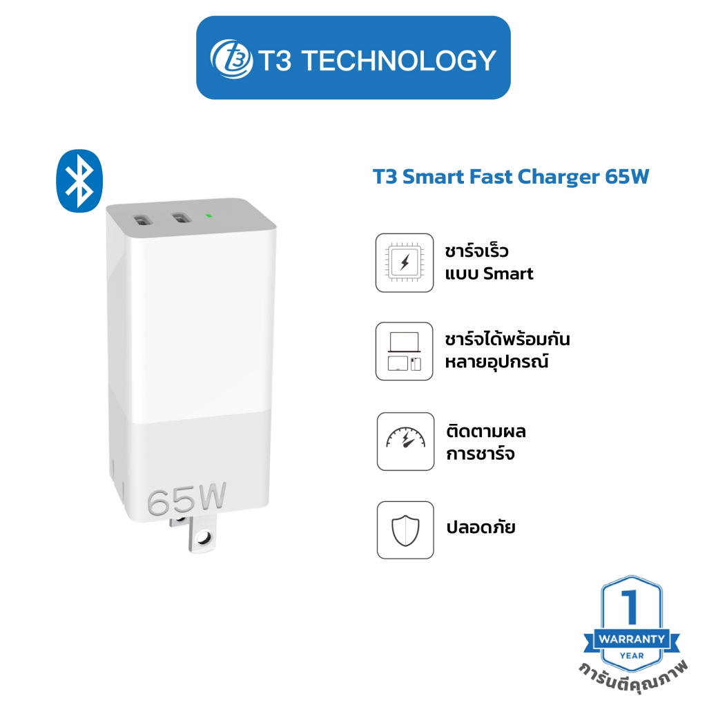 T3 Smart Fast Charger 65W อะแดปเตอร์สำหรับชาร์จเร็ว type-C 2 ช่อง ชาร์จ ...