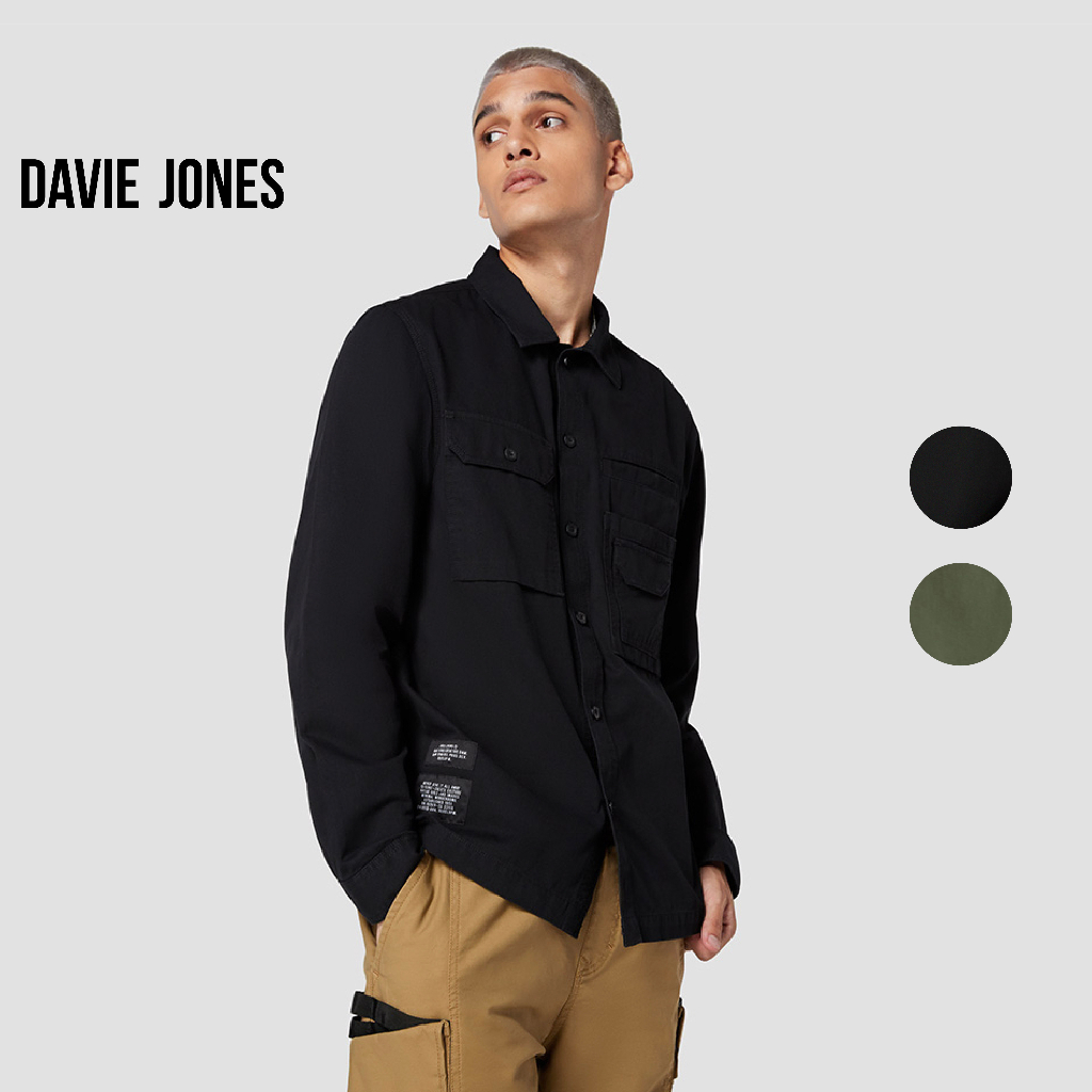 DAVIE JONES เสื้อเชิ้ต ผู้ชาย แขนยาว ทรง Relaxed Fit สีเขียว สีดำ Long ...