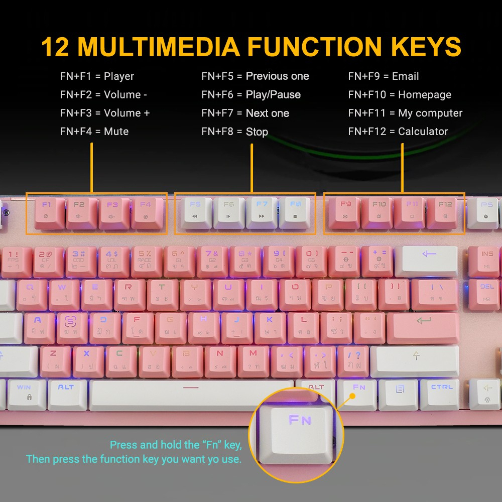 OKER GAMING KEYBOARD WINTER PINK RGB BACKLIT K83 (Blue Switch ...