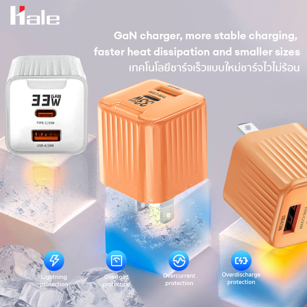 Hale อะแดปเตอร์ชาร์จเร็ว 2ช่อง GaN 33W PD type-C usb A QC3.0 หัวชาร์จ ปลั๊กชาร์จ Fast Charger สี ...