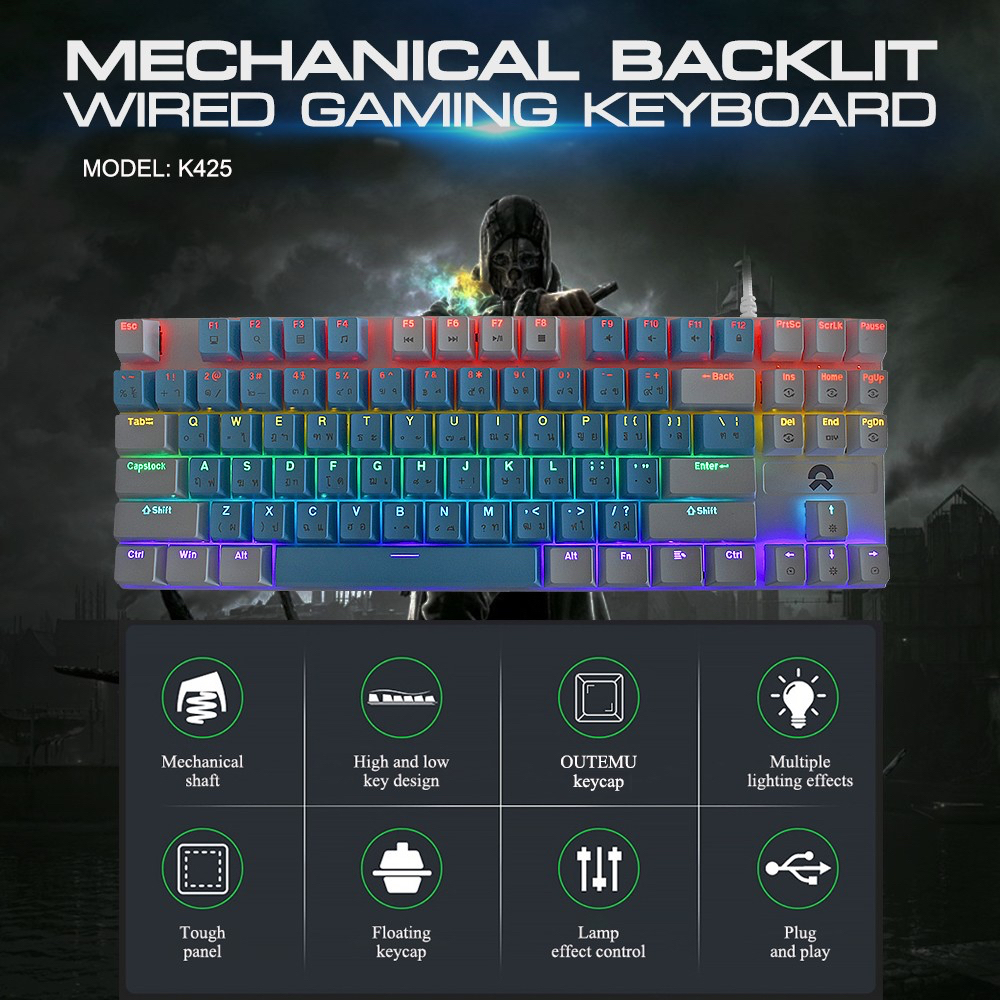 แท้100 OKER K425 GAMING KEYBOARD MIXED BACKLIT Blue switch คีย์บอร์ด ...