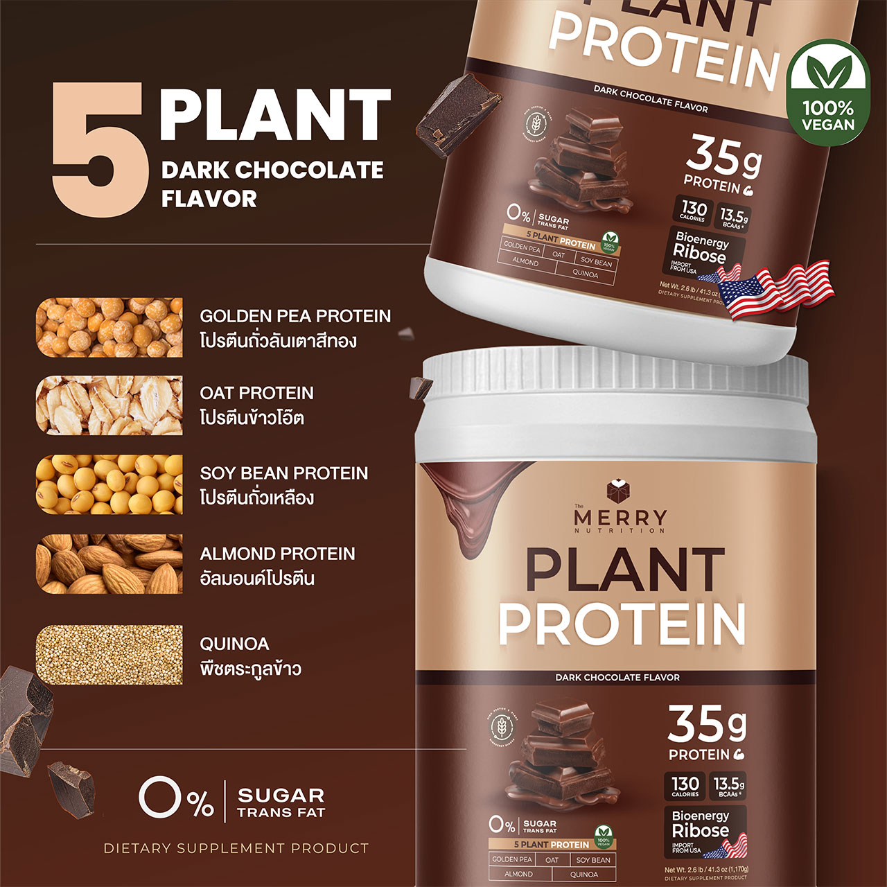 Merry Plant Protein โปรตีนพืช 5 ชนิด รส Dark Chocolate Flavor 1 กระปุก ...
