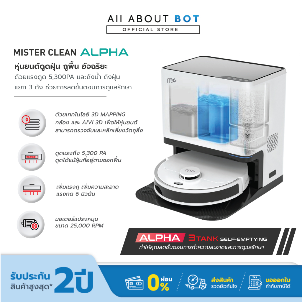 ประกัน2ปี MC Alpha หุ่นยนต์ดูดฝุ่นถูพื้น พร้อมแท่นอัจฉริยะ เก็บฝุ่น ซักผ้า เติมน้ำฆ่าเชื้อ ล้าง ...