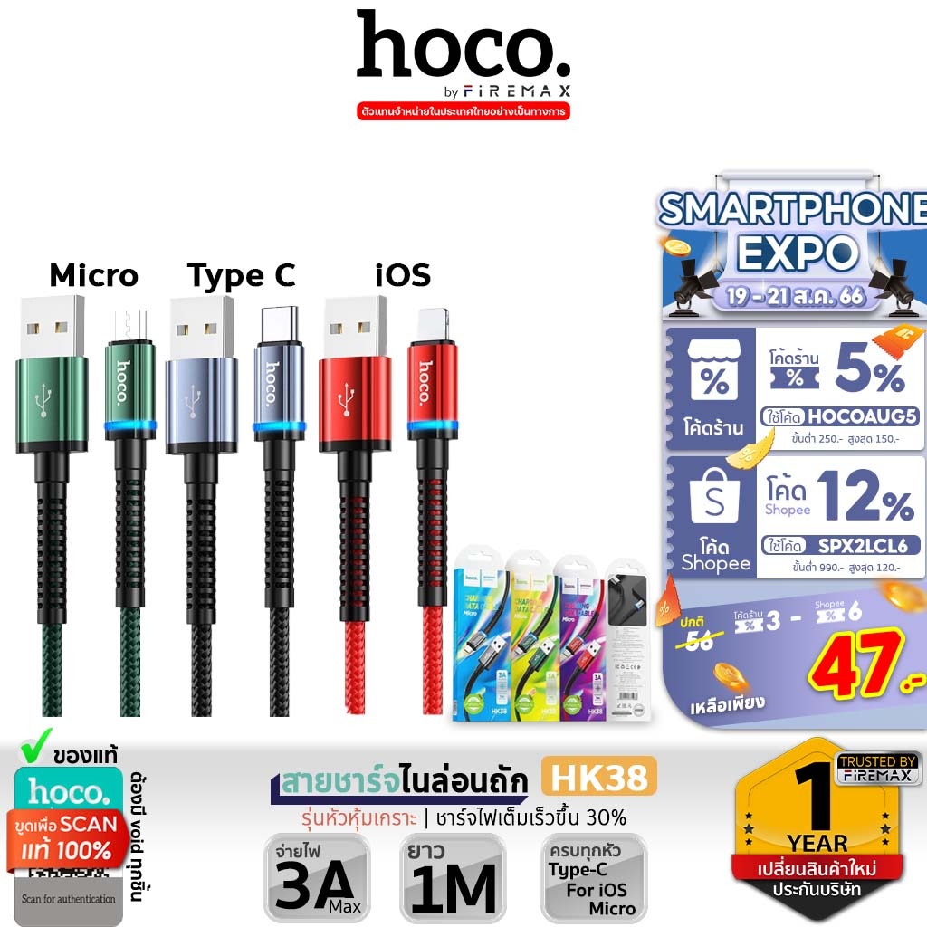 HOCO HK38 สายชาร์จไนล่อนถัก รุ่นหัวหุ้มเกราะ กันสายหักดัดงอกระชาก จ่ายไฟ 3A Max สำหรับ iOS Micro ...