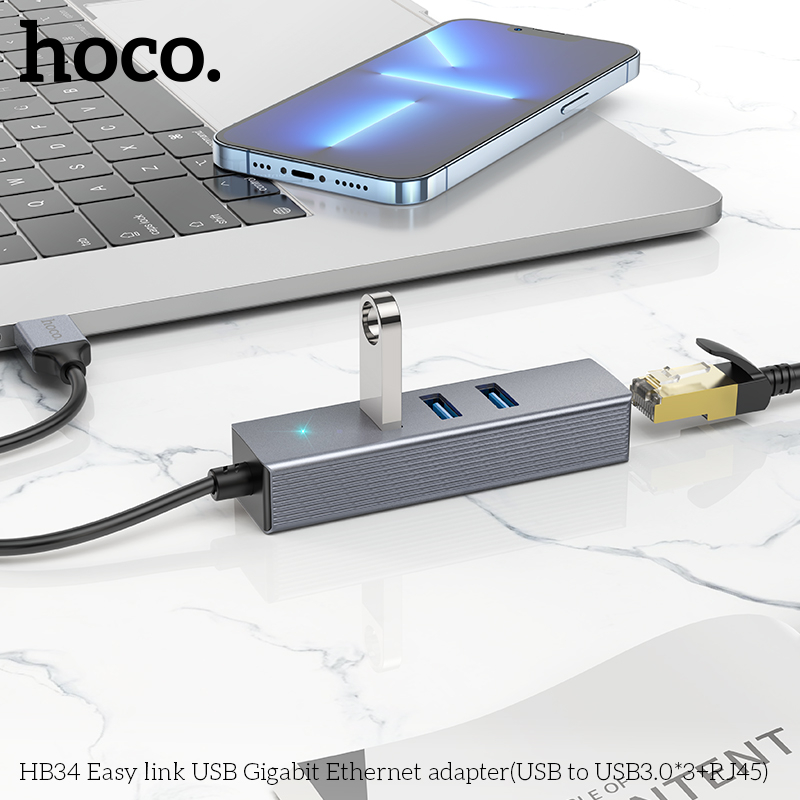 HOCO HB34 Hub 4in1 ชนิด Type-C / USB to USB 3.0 *3 + RJ45 1000 Mbps ...
