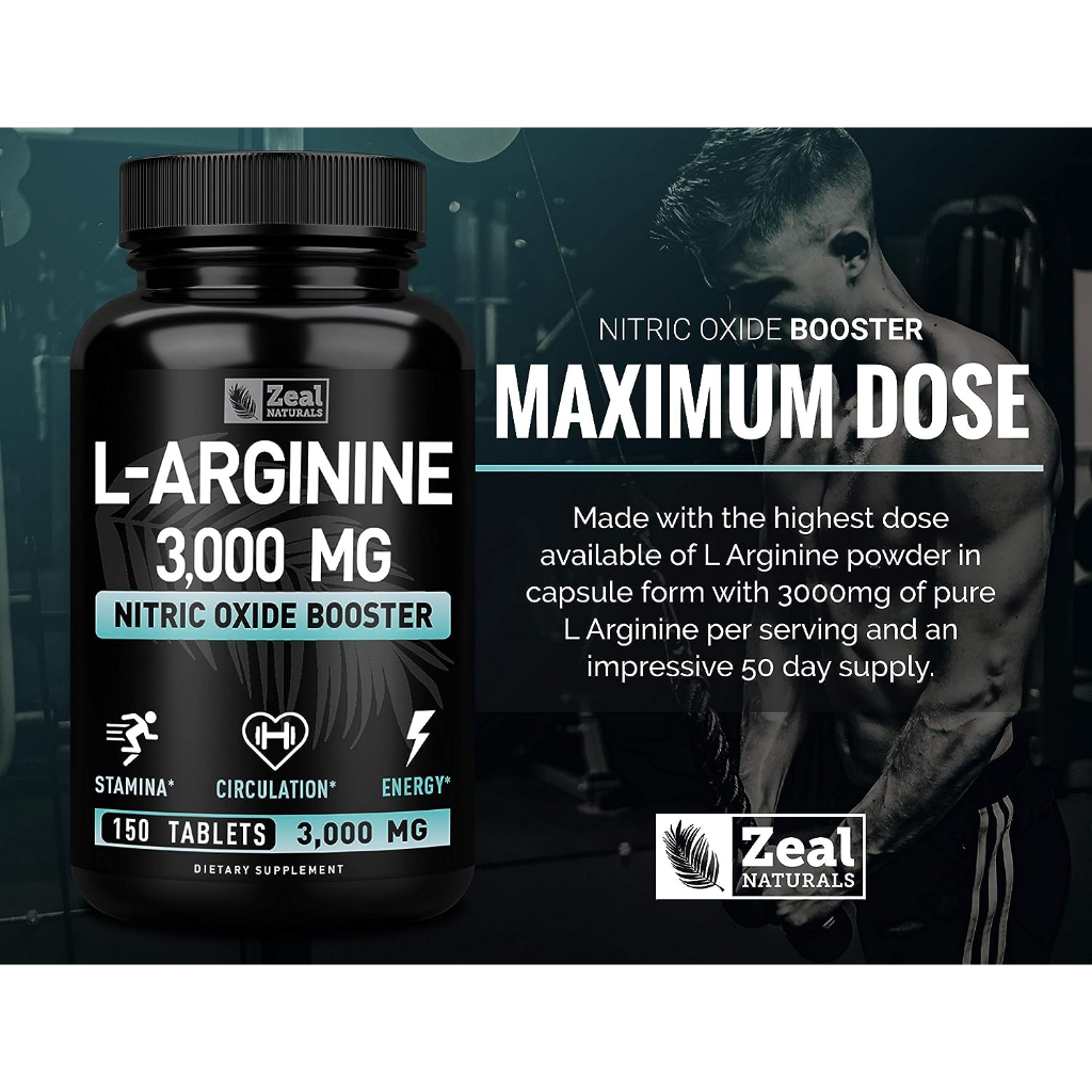 Zeal Naturals L Arginine 3000mg (150 Tablets 1000mg) Maximum Dose L ...