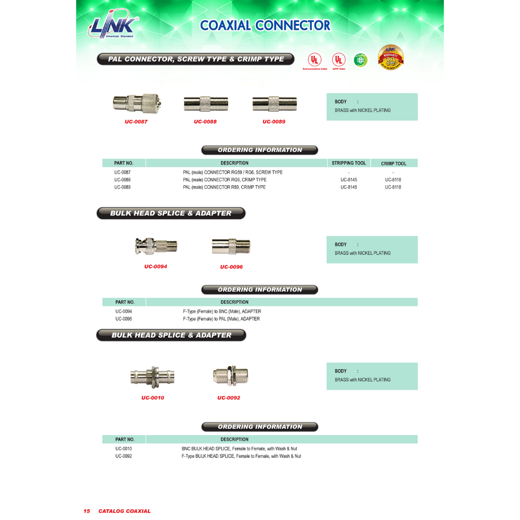 LINK หัวสัญญาณ RG6 ยกกล่อง 100 ตัว รุ่นUC-0026(BNC)UC-0064(F-Type)UC-0092(ตัวต่อ F-Type 2 ทาง)UC ...