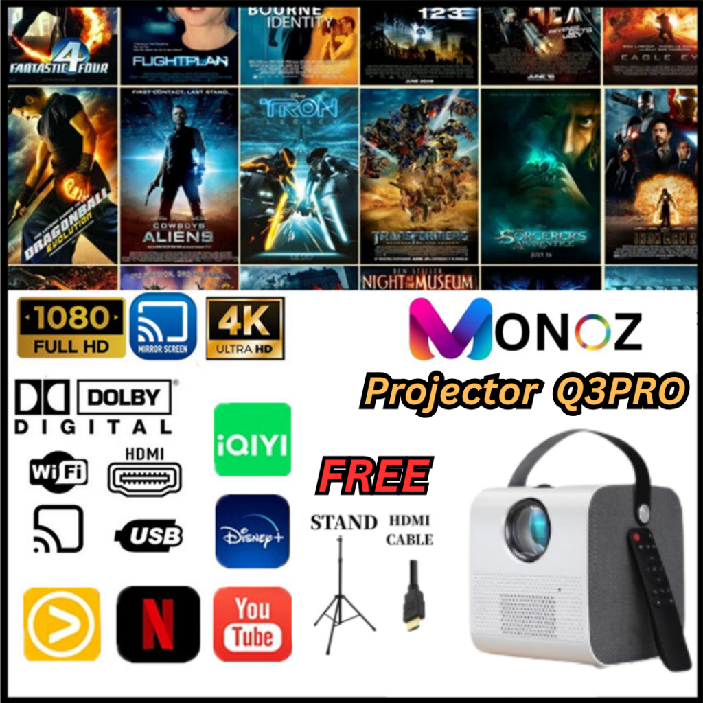 MONOZ LCD Projector Q3 Android 9.0 Full HD 4K Projector 1080P ...