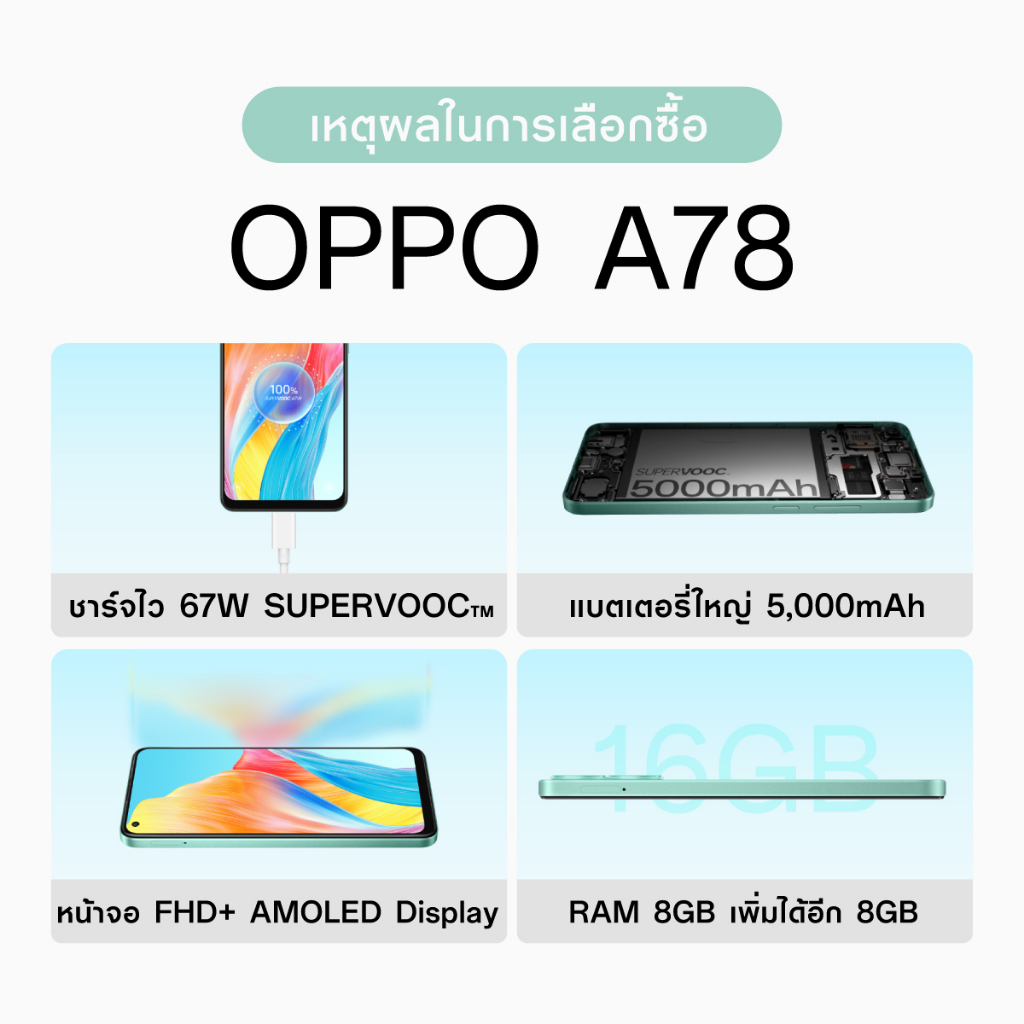 OPPO A78 5G (8128) โทรศัพท์มือถือ หน้าจอ FHD AMOLED Display ชาร์จไว 67W SUPERVOOC แบตเตอรี่ ...
