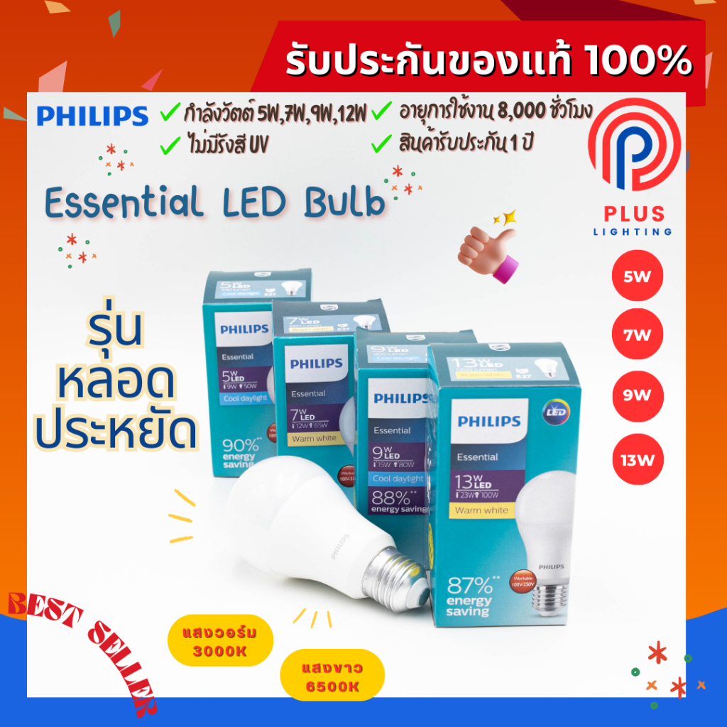 หลอดไฟ ฟิลิปส์ Philips 5W,7W,9W,13W ขั้ว E27 Essential LED Bulb - Plus ...