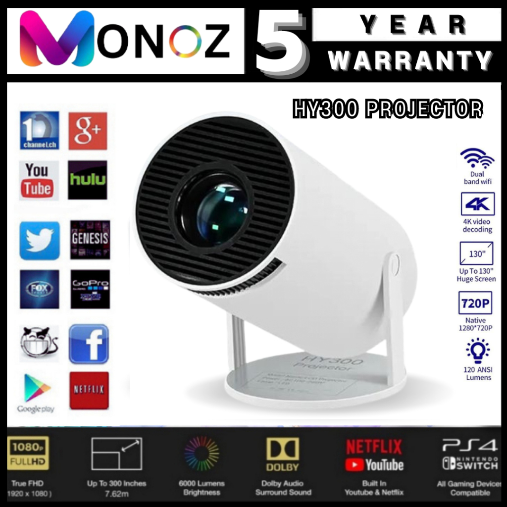 MONOZ HY300 4K มินิโปรเจคเตอร์พร้อม WiFi และ Bluetooth หมุนได้ 180 ปรับ ...