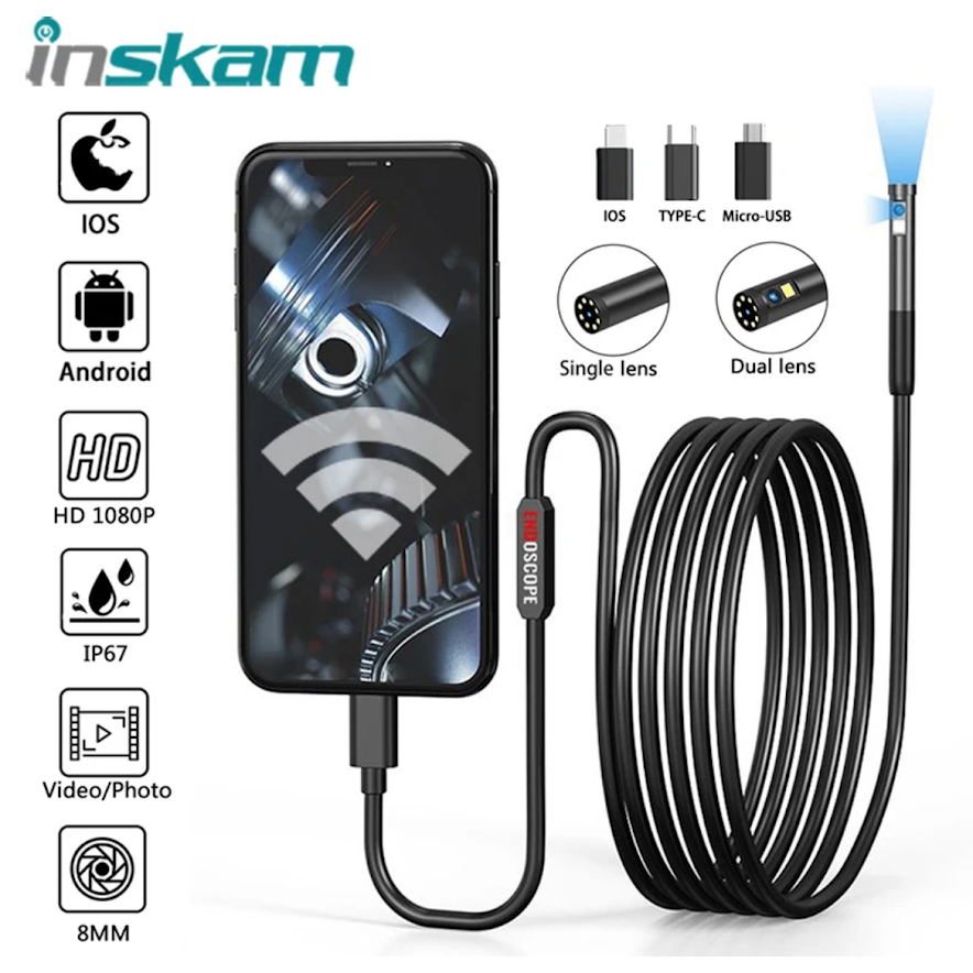 Inskam กล้องเอนโดสโคป IP67เลนส์คู่กันน้ำท่อตรวจสอบกล้องส่องท่อ8มม.เลนส์ ...