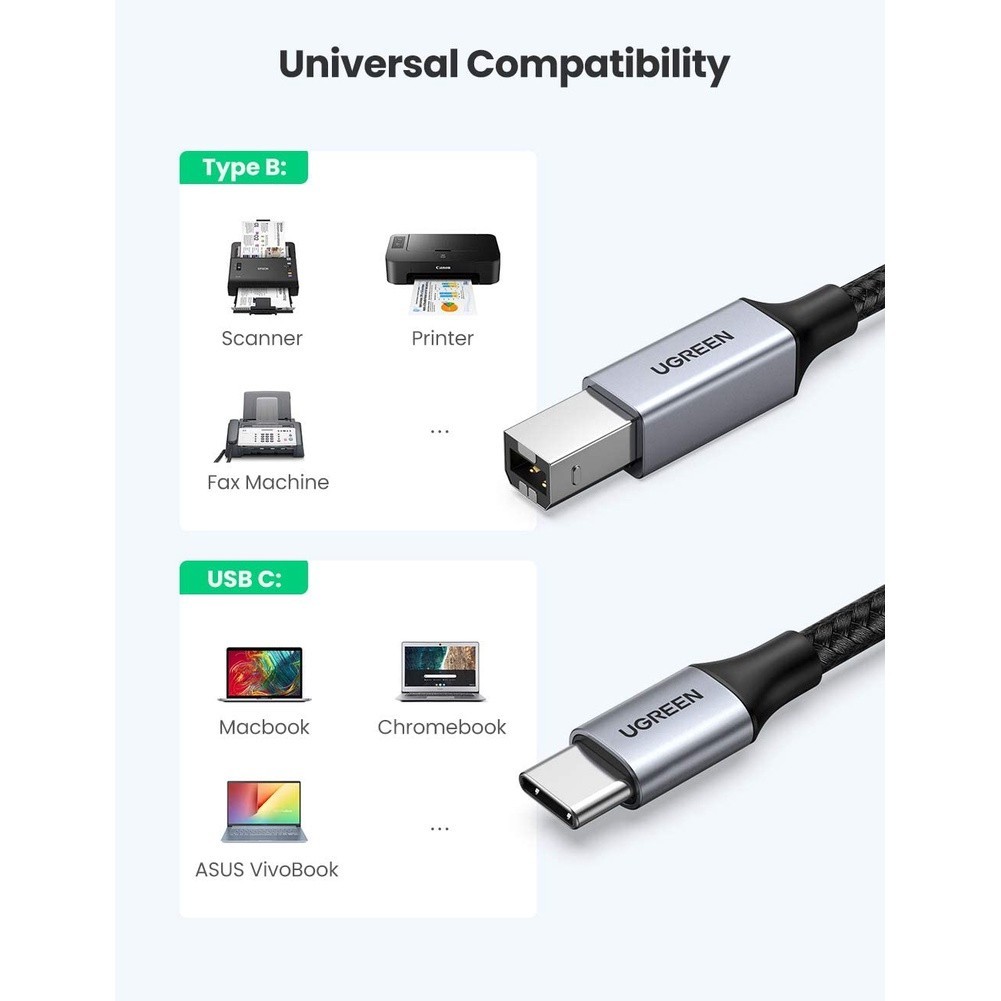 สาย Type C to USB Printer Scanner Cable ไนลอนถักสีดำ ยาว 3 เมตร (80808 ...